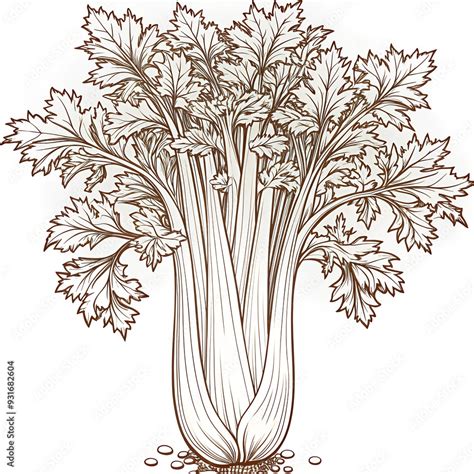Highly Detailed Monochromatic Graphic Botanical Illustration Of Celery Featuring Intricate