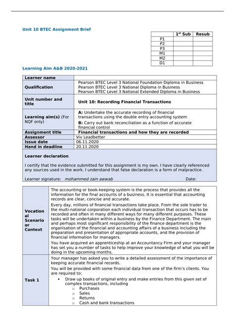 Unit 10 Assignment 1 Unit 10 Recording Financial Transactions Stuvia Uk