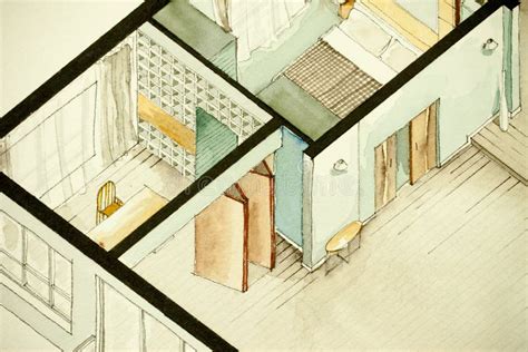 Dibujo Arquitectónico Parcial Isométrico De La Acuarela Del Plan De Piso Del Apartamento Stock