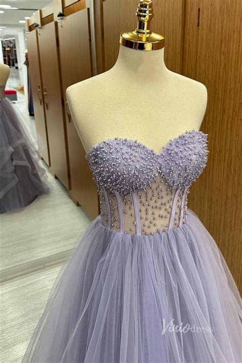 Lavender Strapless Beaded Sheer Prom Dresses Ruffled Tulle Formal Gown