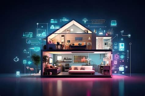 Casa moderna con iconos y símbolos brillantes sobre fondo azul renderización 3d el concepto de