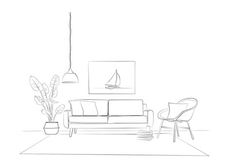 Interieur Design Met Moderne Woonkamer In Zwarte Schets Lijn Op Witte