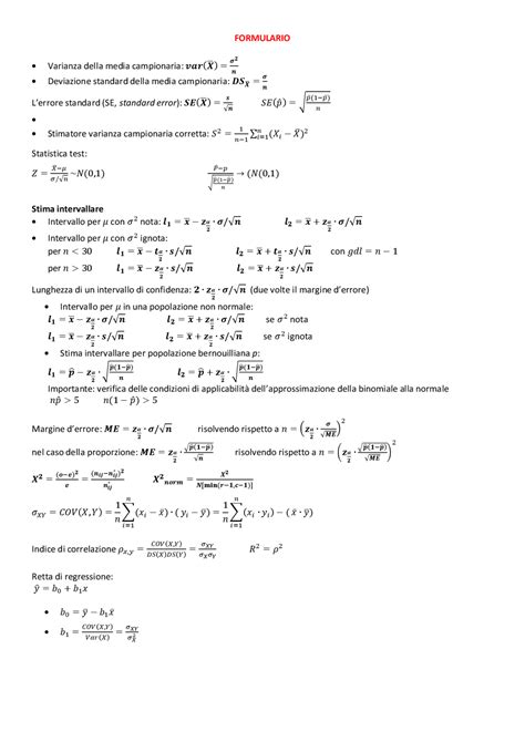Formulario Per Esame Statistica Schemi E Mappe Concettuali Di