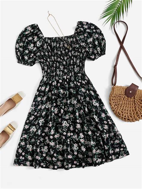 Shein Vcay Plus Floral Print Shirred Puff Sleeve Ruffle Hem Dress