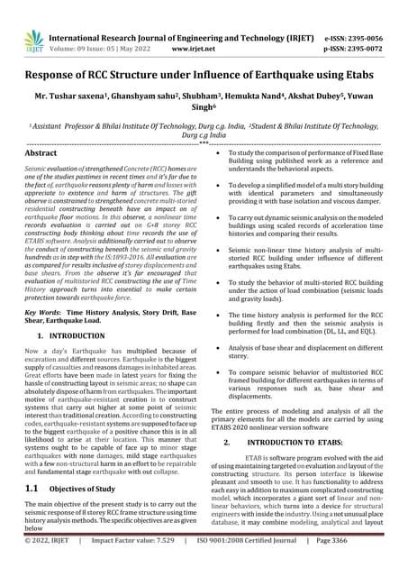 Response Of Rcc Structure Under Influence Of Earthquake Using Etabs Pdf