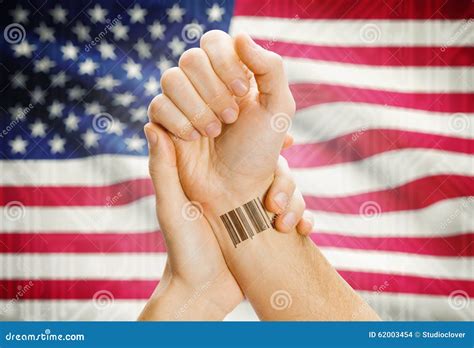 Barcode Id Number On Wrist And National Flag On Background United