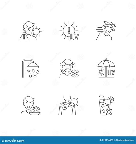 Heatstroke Risk During Summer Linear Icons Set Stock Vector Illustration Of Exhaustion Cool
