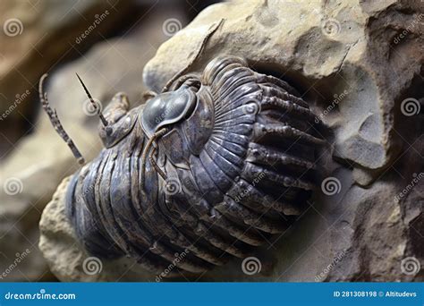 Close Up Of A Trilobite Fossil Embedded In Rock Stock Illustration