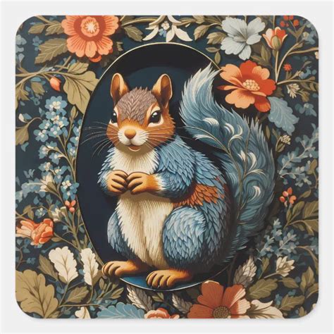 Beautiful Squirrel William Morris Inspired Square Sticker Zazzle