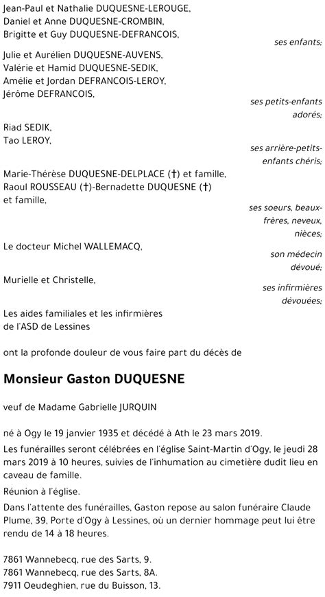 Avis De Décès De Gaston Duquesne Décédé Le 23 03 2019 à Ath Annonce