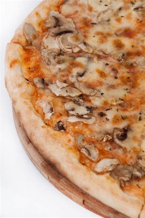 Slice Of Funghi Pizza With Tomato Ketchup On It Stock Image Image Of