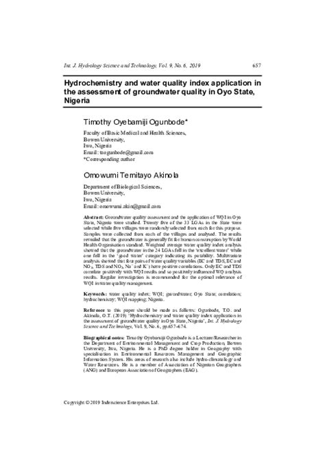Pdf Hydrochemistry And Water Quality Index Application In The