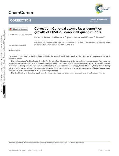 Pdf Correction Colloidal Atomic Layer Deposition Growth Of Pbscds Coreshell Quantum Dots