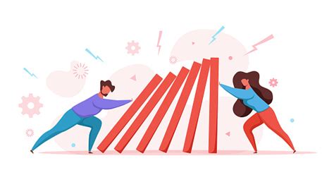 도미노 벡터 일러스트가 떨어지는 것에 대해 열심히 밀어내는 사업가의 도미노 효과 떨어지는 예방 갈등 중지 문제 해결 연쇄 반응