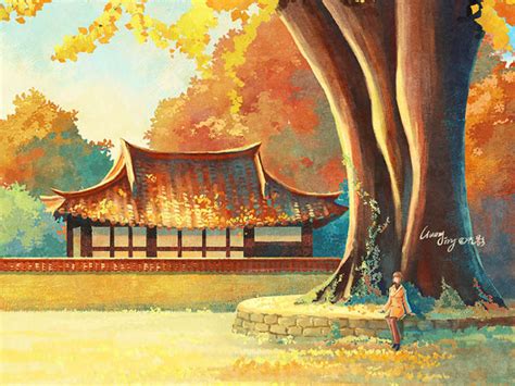 银杏古寺 插画师光影摇曳 站酷ZCOOL