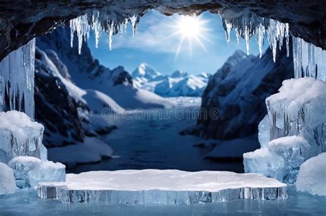 Ice Podium On The Ice Mountain Cave For Product Display Advertising Mockup Studio Advertising