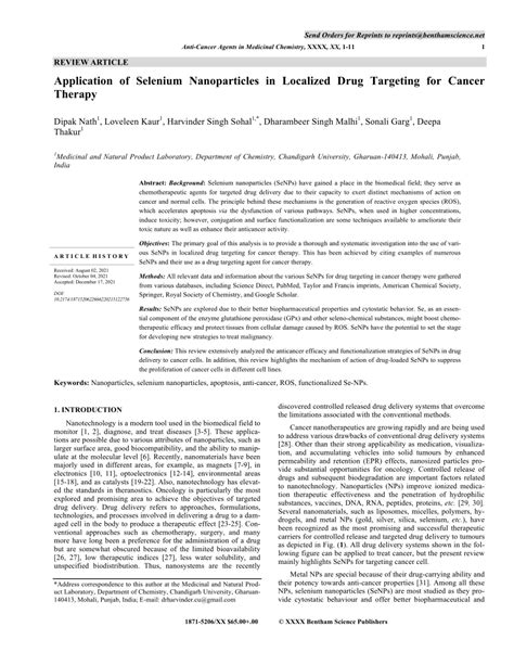 Pdf Application Of Selenium Nanoparticles In Localized Drug Targeting