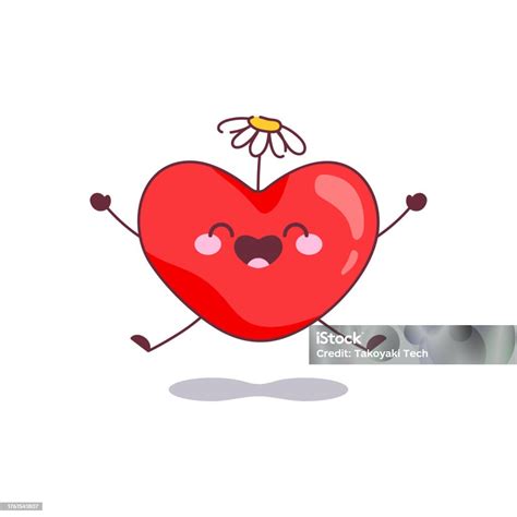 데이지를 안고 있는 기쁨의 하트 캐릭터 기뻐하는 발렌타인 데이 일러스트 하트 마스코트는 사랑과 행복에 매우 흥분합니다 로맨틱한 표현과 사랑스러운 순간을 위한 벡터 디자인 2