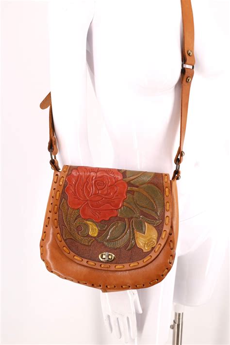 70s Rose Tooled Leather Purse Vintage 1970s Flower Embossed Mexico