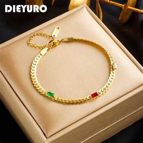 Dieyuro 316l Stainless Steel Square Coloful Zircon Bracelet For Women