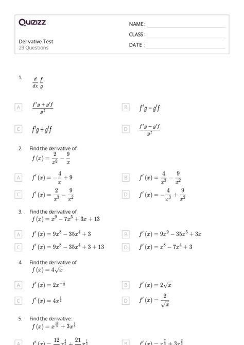 Derivatives Of Integral Functions Worksheets For Th Class On