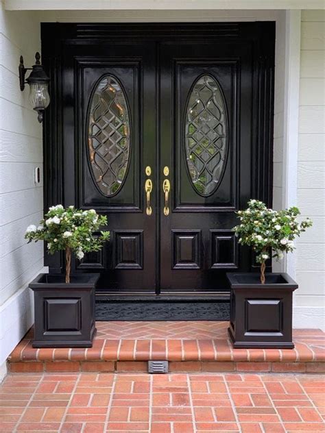 Two Potted Plants Sit On The Front Steps Of A House Next To A Black
