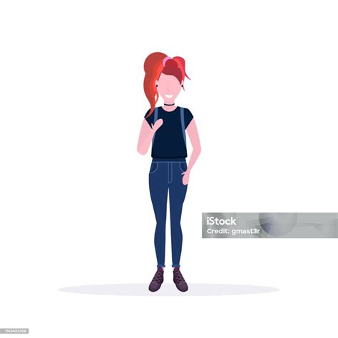 행복 한 우연한 소녀 서 있는 자세 웃는 십 대 여성 만화 캐릭터 전체 길이 플랫 흰색 배경 개념에 대한 스톡 벡터 아트 및