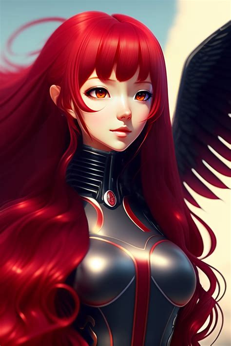 Lexica Robot Girl Long Hair Red Hair And Wings Anime