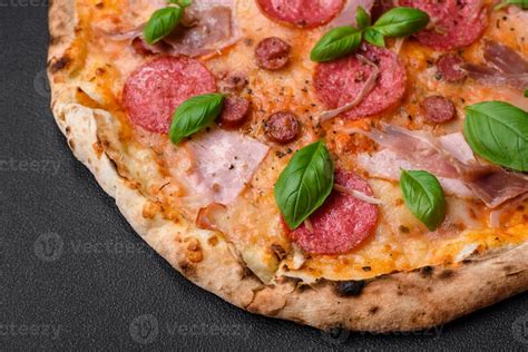 Delicious Fresh Oven Baked Pizza With Salami Meat Cheese Tomatoes