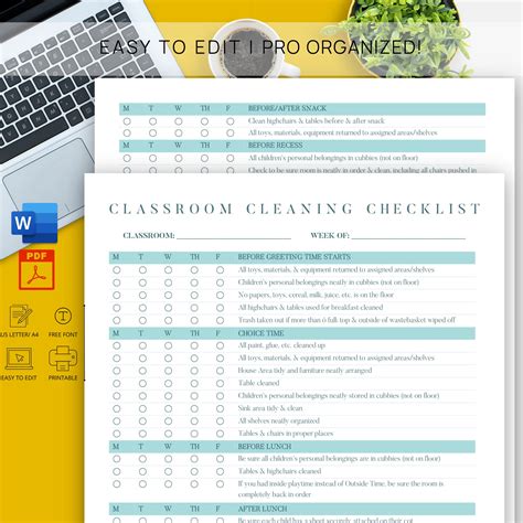Editable Classroom Cleaning Checklist Weekly School Cleaning Schedule