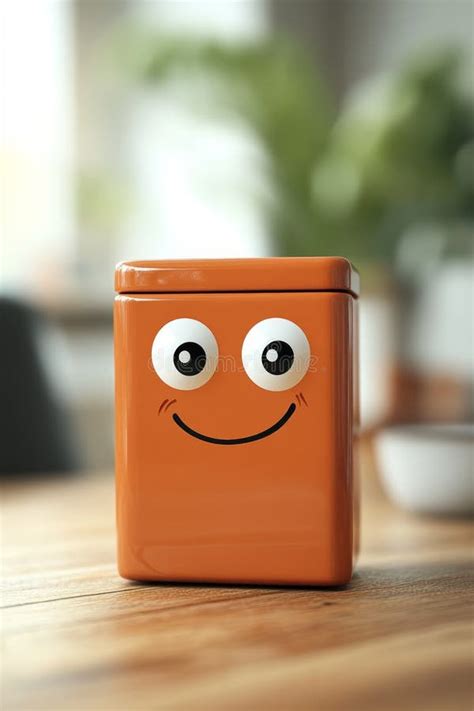 A Cheerful Orange Container With Large Eyes And A Smiling Mouth Sits On