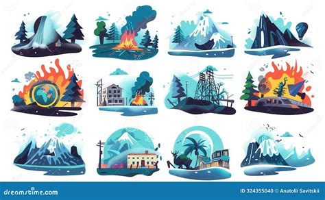 Cartoon Illustrations Of Natural Disasters Like Hurricanes Fires