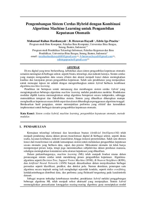 Pdf Pengembangan Sistem Cerdas Hybrid Dengan Kombinasi Algoritma Machine Learning Untuk