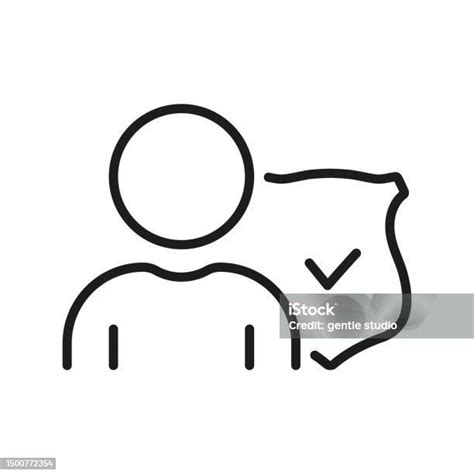 보안 인증 인간 데이터 보호 라인 아이콘입니다 사업 개요 기호의 안전 방패는 사람을 보호합니다 사용자 선형 픽토그램에 대한 보안 편집 가능한 획 격리된 벡터 그림 건강관리와