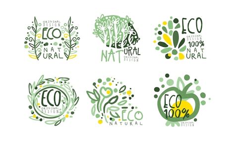 에코 자연 라벨 및 로고 오리지널 디자인 터 세트 프리미엄 벡터