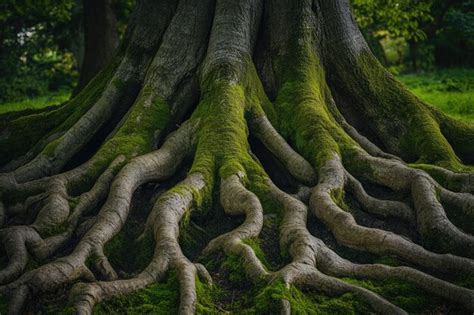 Trees Intertwining Textured Background Of Old Forest Roots And Green