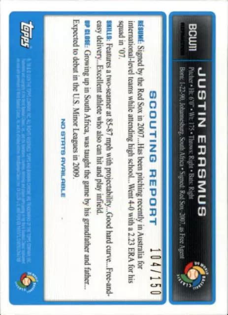 2009 Bowman Chrome Wbc Prospects Réfracteurs Bleus Bcw11 Justin