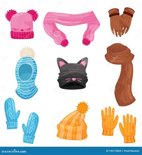 Winter Scarf Hats Gloves And Mittens Vector Cartoon Icons Stock