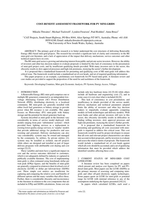 Pdf Cost Benefit Assessment Framework For Pv Mini Grids