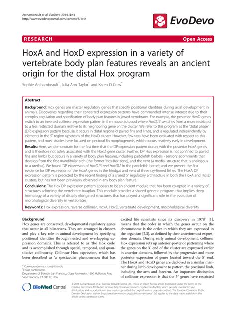 Pdf Hoxa And Hoxd Expression In A Variety Of Vertebrate Body Plan