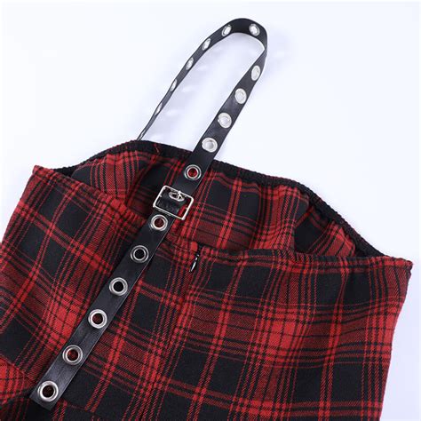 Gothic Red And Black Plaid One Shoulder Dress Gthic