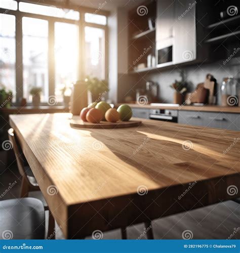 Tavola Di Legno In Alto Sullo Sfondo Della Cucina Sfocata Per La