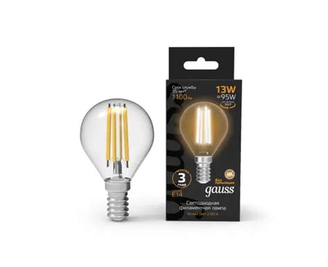 105801113 Лампа Gauss Filament Шар 13W 1100lm 2700К Е14 LED 1/10/50 ...