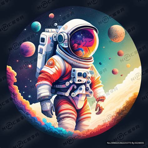 Ai创作图中国宇航员 卡通 太空背景 色彩斑斓 大师级画作 昵图网