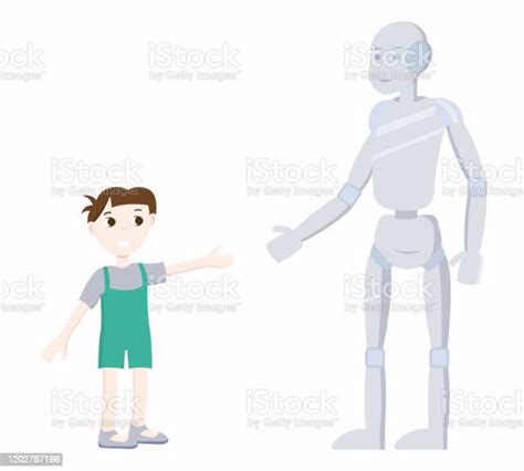 소년과 귀여운 로봇의 벡터 일러스트레이션 로봇과의 우정 가공의 인물에 대한 스톡 벡터 아트 및 기타 이미지 가공의 인물 과학 귀여운 Istock