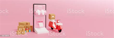 온라인 배달 서비스 개념 모바일 응용 프로그램에 온라인 쇼핑 스쿠터 또는 오토바이 서비스 전자 상거래 개념 스마트 폰 모형 고립 된 핑크 배경 3d 렌더링으로 전송 배달에