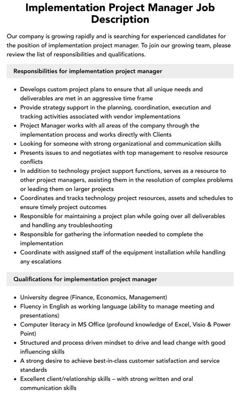 Implementation Project Manager Job Description Velvet Jobs