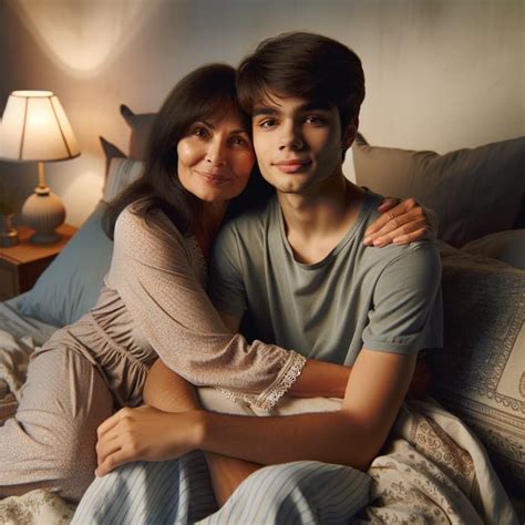 Loving Mom And 18 Year Old Son Cuddling Tranquil Moment In Bed Ai Art Generator Easy Peasyai