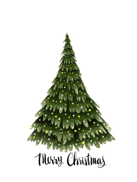 Christmas Tree With Gold Star And Light Bulb Watercolor Merry