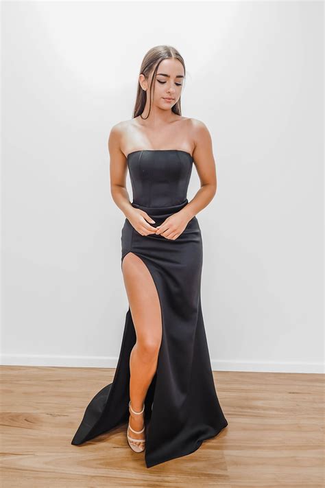 Black Satin With Ruching And Slit Mermaid Dress Destiny Chic